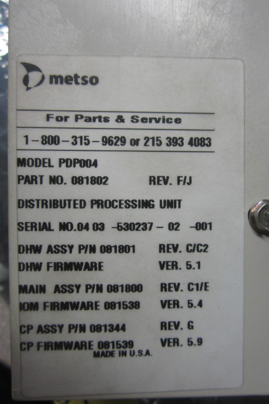 METSO MAX CONTROL SYSTEMS MODEL PDP004 MODULE PART 081802 - SB ...
