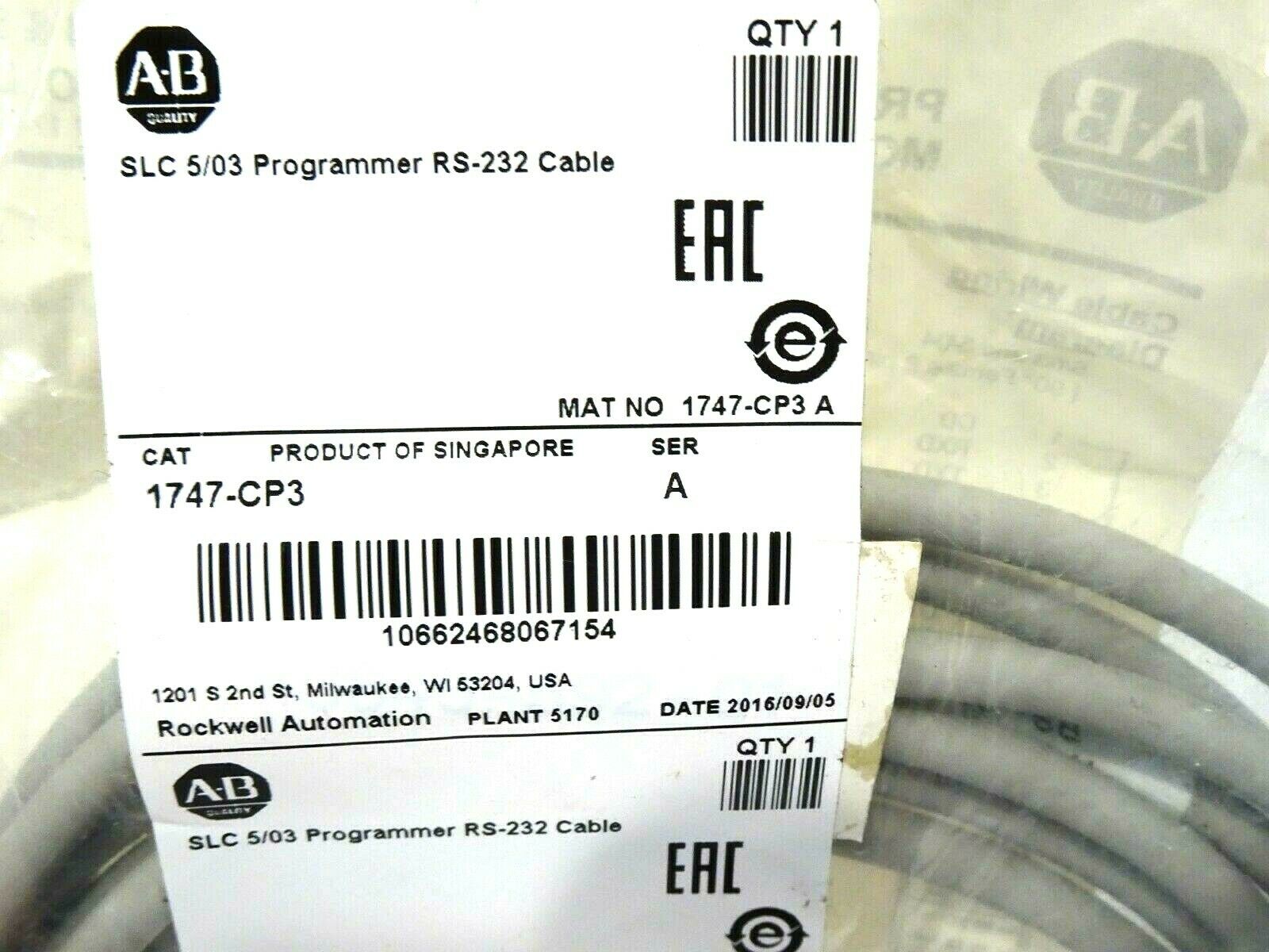 NEW ALLEN BRADLEY 1747-CP3 PROGRAMMER CABLE SER.A 1747CP3 - SB ...