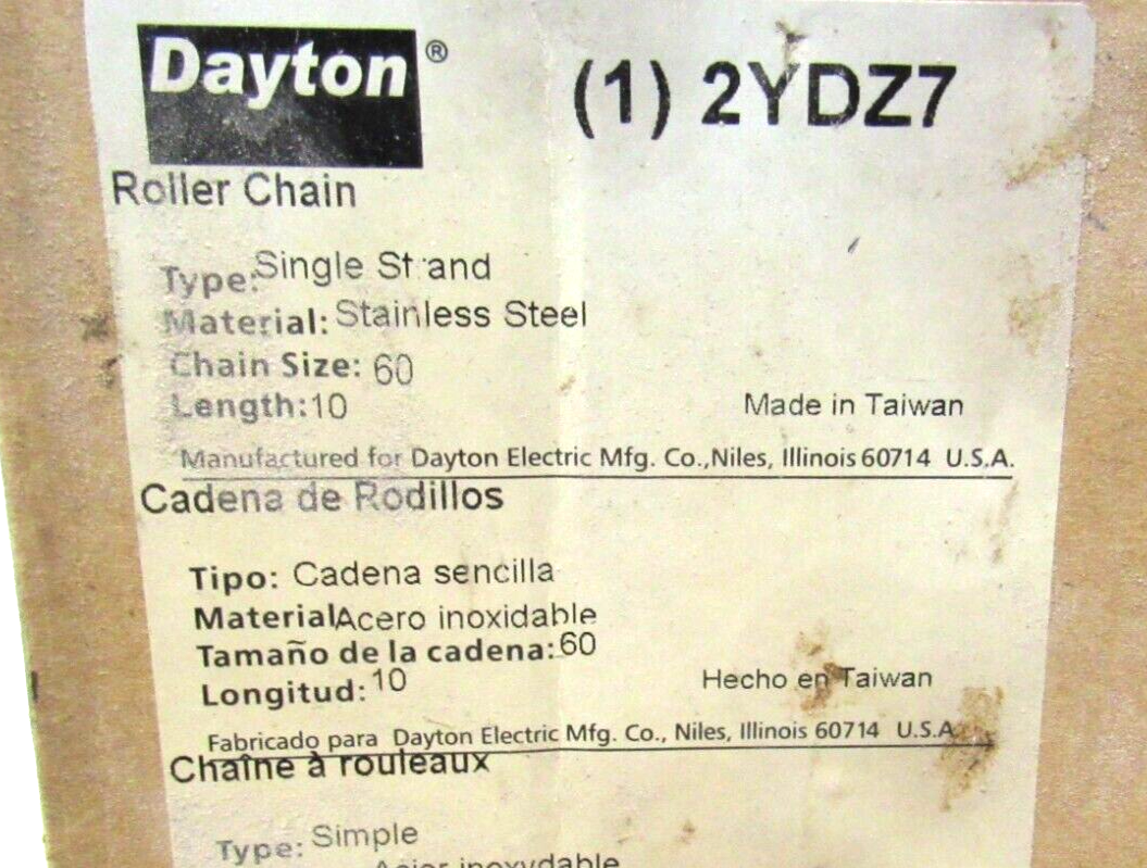 NEW DAYTON 2YDZ7 ROLLER CHAIN 10' SIZE 60 - SB Industrial Supply, Inc.