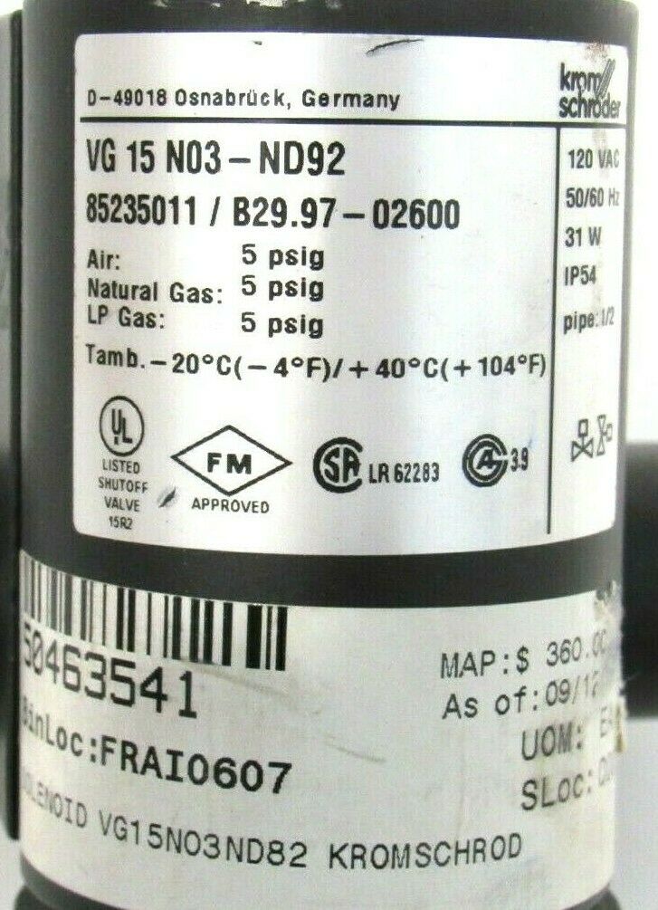 NEW KROM SCHROEDER VG 15 N03-ND92 SOLENOID VALVE VG15N03ND92 - SB ...
