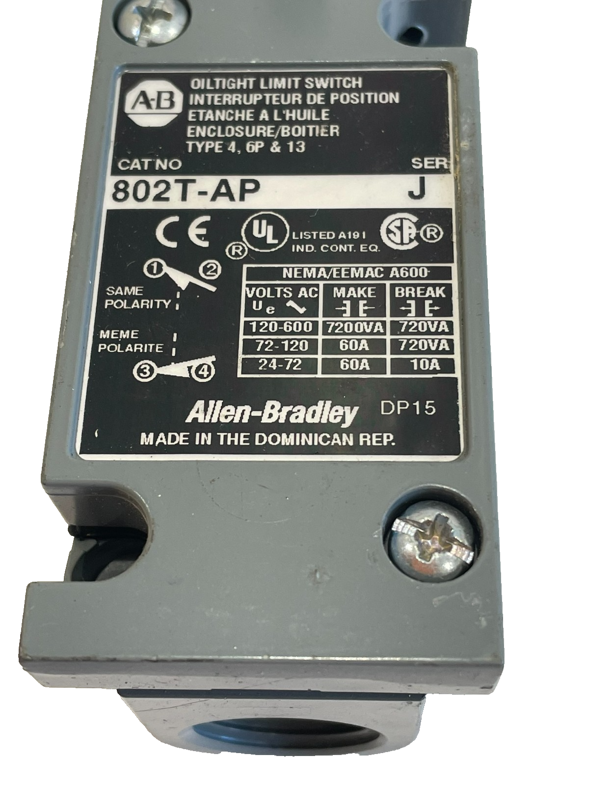 ALLEN BRADLEY 802T-AP LIMIT SWITCH SER J 802TAP NEW, SURPLUS - SB ...