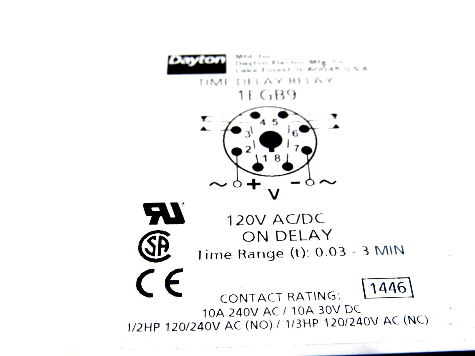 NEW DAYTON 1EGB9 TIME DELAY RELAY 120V AC/DC - SB Industrial Supply, Inc.