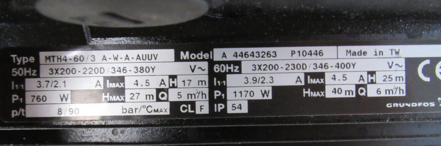 NEW GRUNDFOS 44643263 PUMP MTH4-60/3 A-W-A-AUUV 220/230V - SB ...