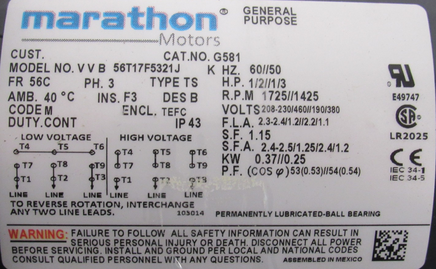 NEW MARATHON G581 MOTOR 1/2-1/3HP 208-230/460V - SB Industrial Supply, Inc.