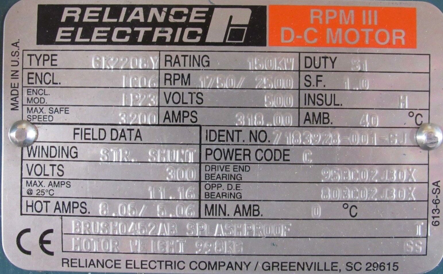 NEW RELIANCE ELECTRIC GK2208Y RPM III D-C MOTOR 150KW 500V IC06 1P23 ...