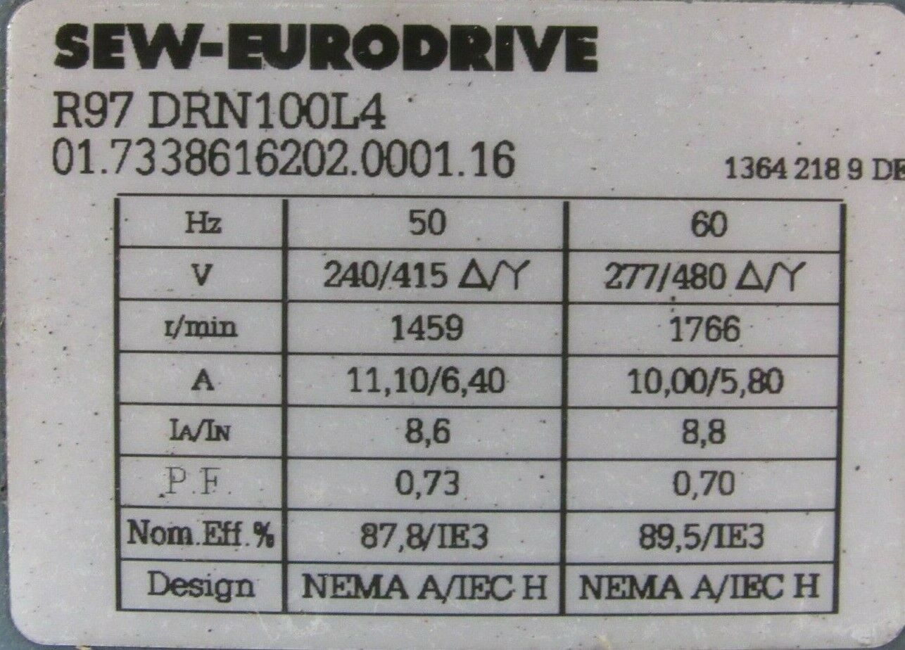 NEW SEW EURODRIVE R97 DRN100L4 GEAR MOTOR 4HP 19678 R97DRN100L4 - SB ...