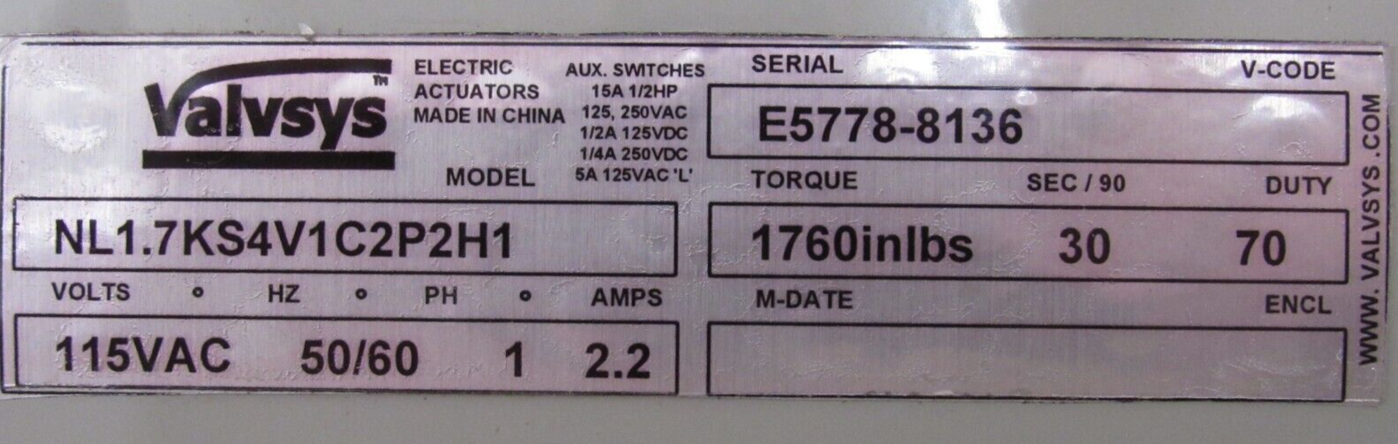 NEW VALVSYS NL1.7KS4V1C2P2H1 ELECTRIC ACTUATOR NL17KS4V1C2P2H1 - SB ...