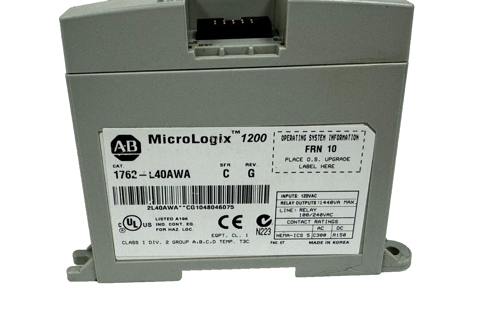 USED ALLEN BRADLEY 1762-L40AWA MICROLOGIX 1200 CONTROLLER SER. C REV. G ...