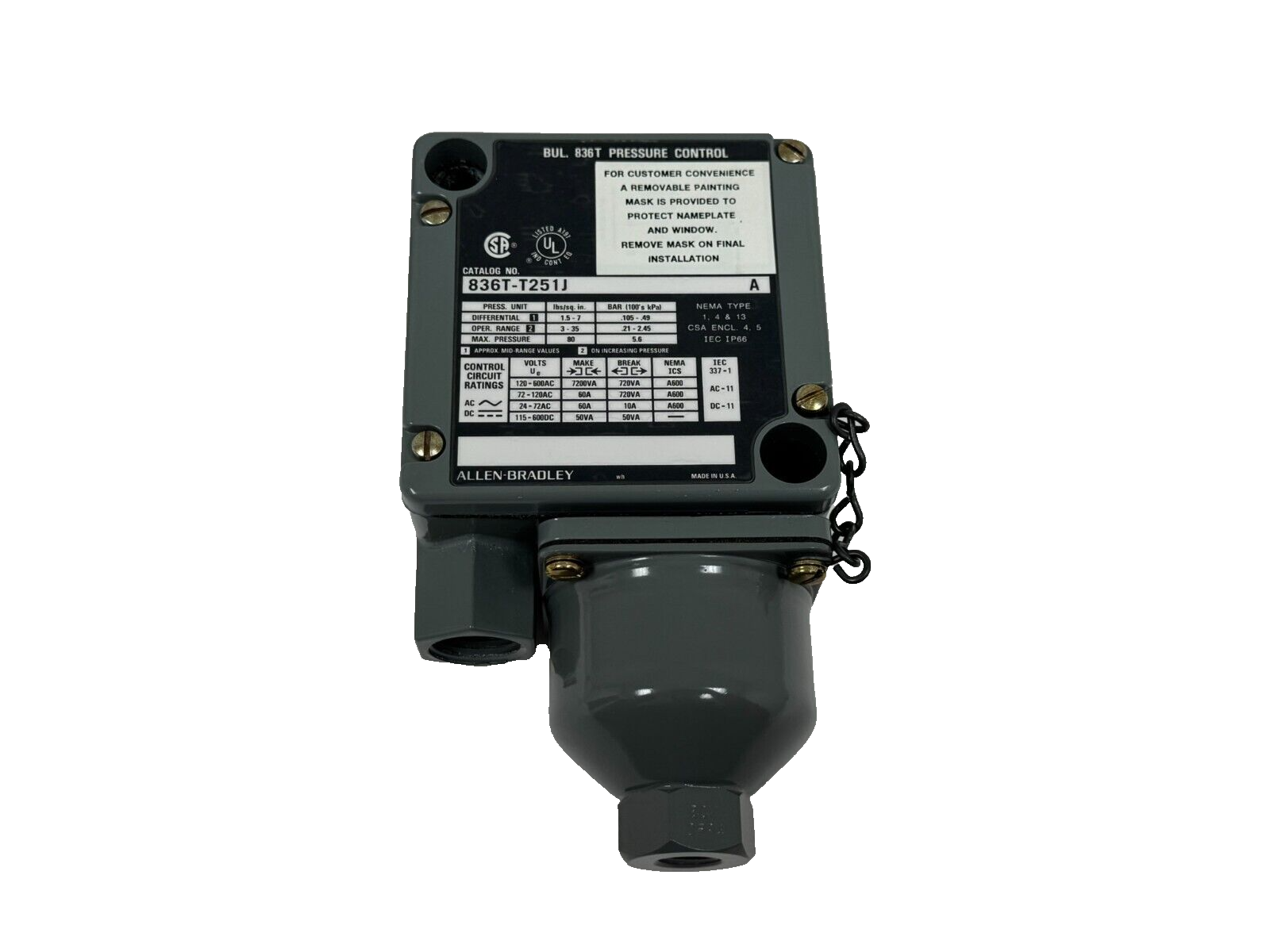 ALLEN BRADLEY 836T-T251J PRESSURE CONTROL SWITCH SER. A 3-35PSI NEW ...