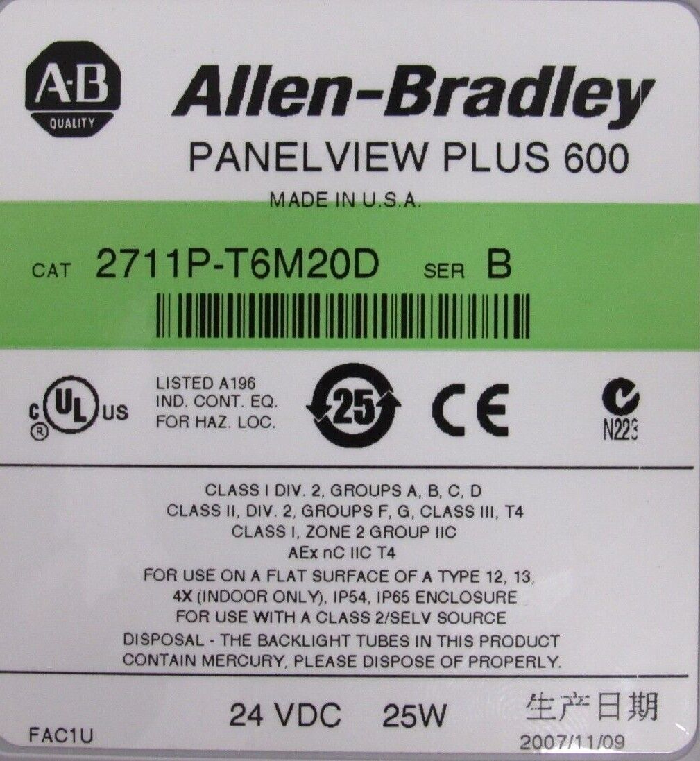 NEW ALLEN BRADLEY 2711P-T6M20D PANELVIEW PLUS 600 SER.B 2711PT6M20D ...