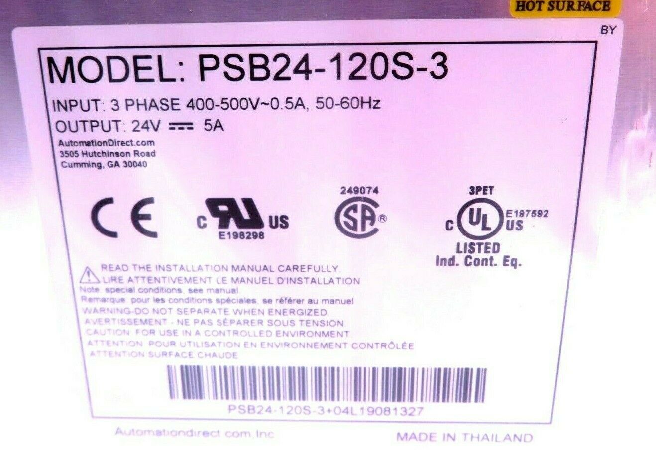 NEW AUTOMATION DIRECT PSB24-120S-3 POWER SUPPLY 24VDC 120W PSB24120S3 ...