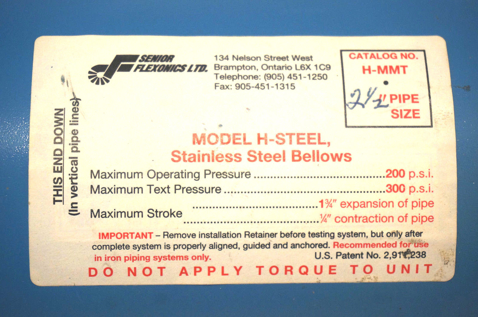 NEW SENIOR FLEXONICS LTD H-MMT MODEL H-STEEL SS BELLOW 2 1/2'' HMMT ...