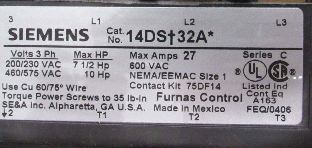 NEW SIEMENS 17DSE92NF COMBINATION STARTER 14DS+32A 49EC17BN241108R SIZE ...