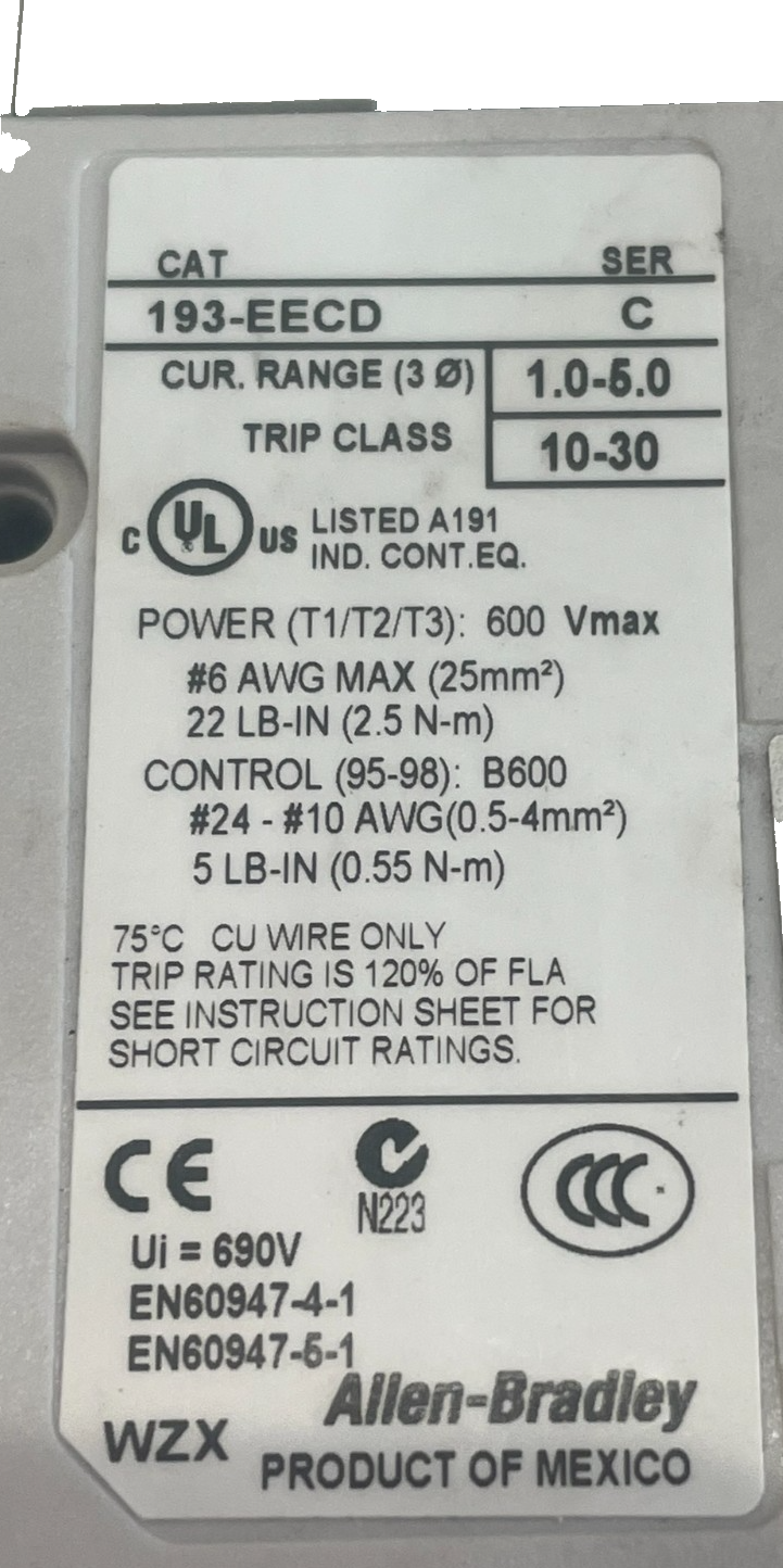 USED ALLEN BRADLEY 193-EECD OVERLOAD RELAY SER. C 193EECD - SB ...