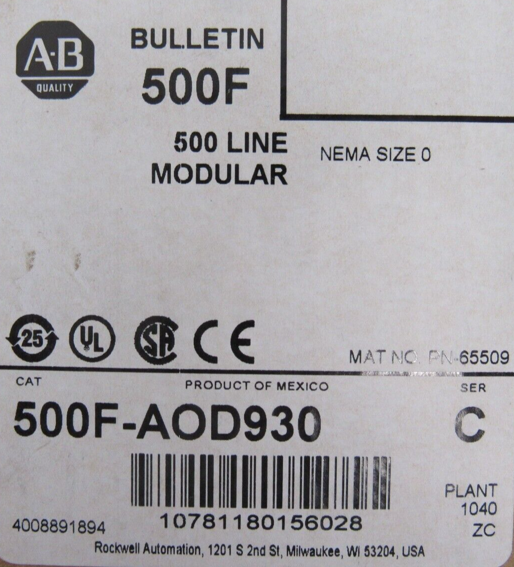 ALLEN BRADLEY 500F-AOD930 STARTER SIZE 0 SER.C 500FAOD930 NEW SURPLUS ...