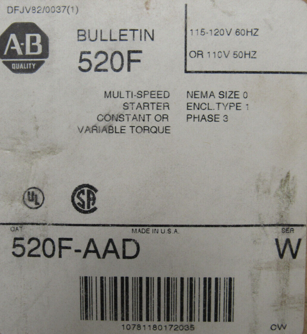 ALLEN BRADLEY 520F-AAD MULTI SPEED STARTER SIZE 0 520F-A0D 520FAAD NEW ...