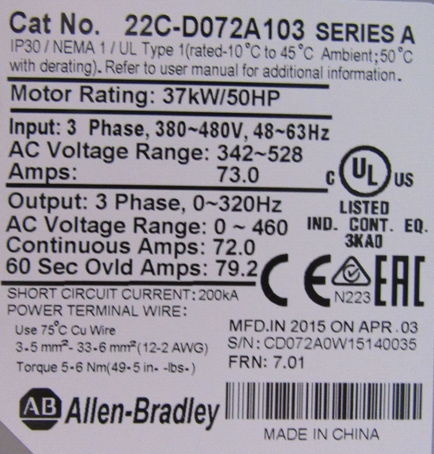 NEW ALLEN BRADLEY 22C-D072A103 POWERFLEX 400 50HP SER.A 22CD072A103 ...