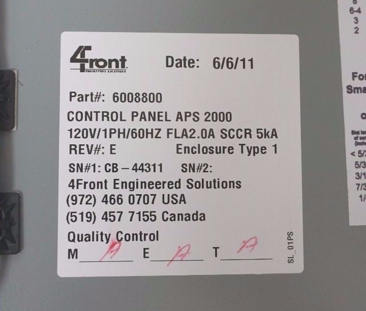 NEW APS RESOURCE 6008800 CONTROL PANEL APS 2000 REV. E 120V/1PH/60HZ ...