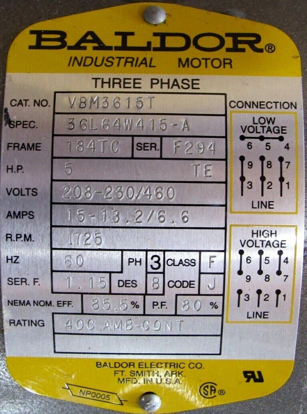 NEW BALDOR VBM3615T BRAKE MOTOR 5HP 1087031Z5DPF 184TC 1-1/8" DIA ...