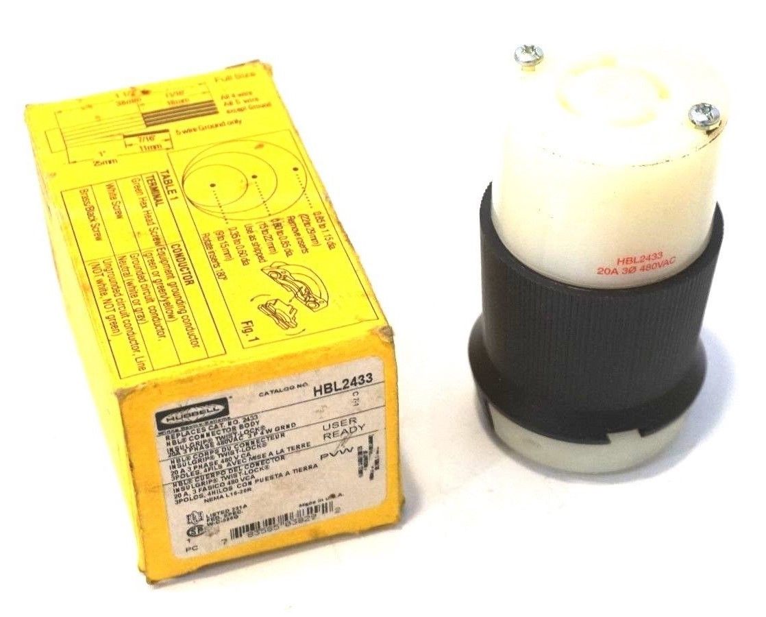 NEW HUBBELL HBL2433 TWIST LOCK CONNECTOR 3 PHASE, 20A, 480VAC - SB ...