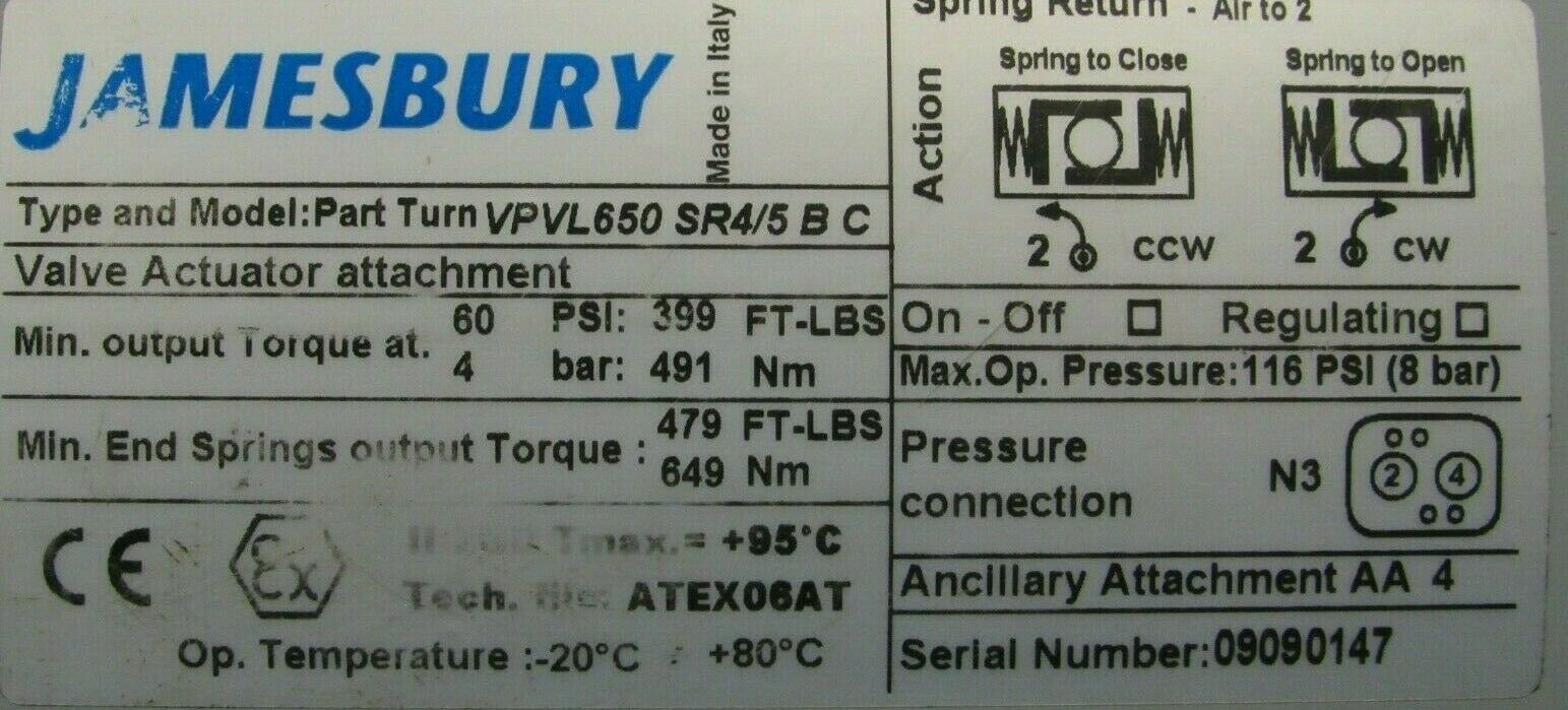 NEW JAMESBURY VPVL650SR4/5BC VALVE ACTUATOR VPVL650SR45BC - SB ...