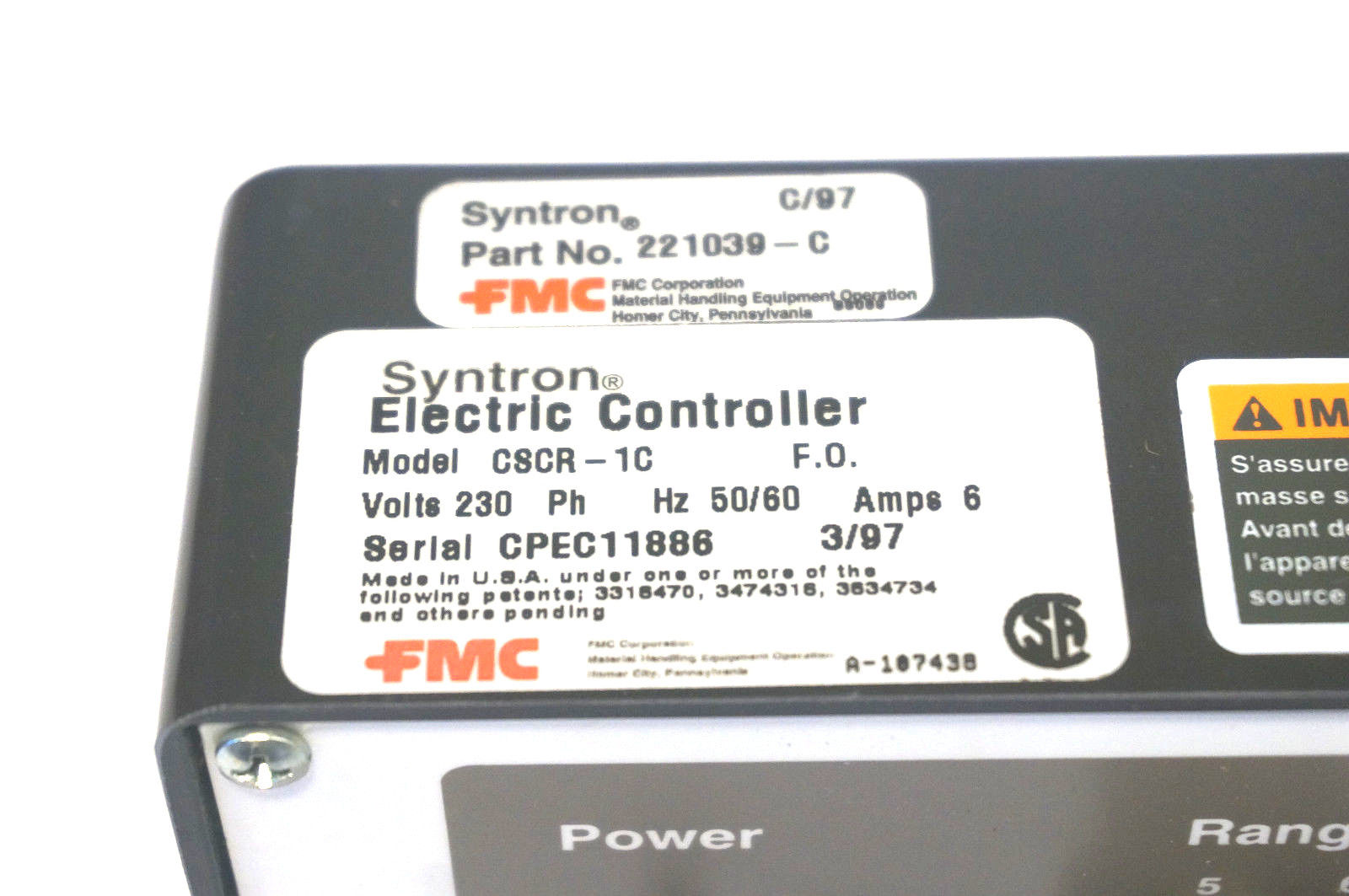 NEW FMC CSCR-1C SYNTRON ELECTRIC CONTROLLER 221039-C CSCR1C – SB ...