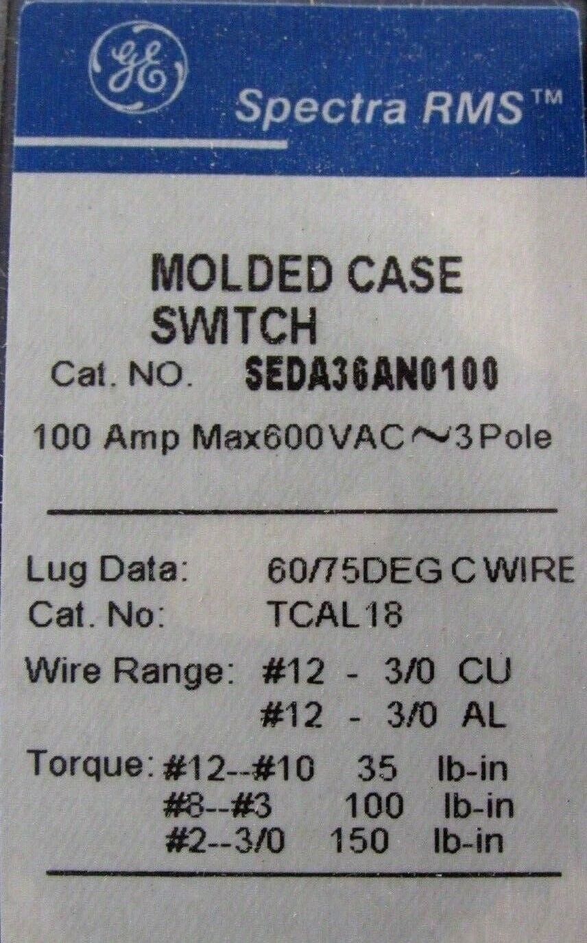 NEW GENERAL ELECTRIC SEDA36AN0100 CIRCUIT BREAKER 100A 3POLE MODEL 1 ...