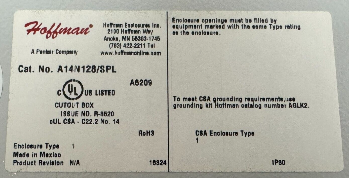 NEW HOFFMAN / HYTROL A14N128 ENCLOSURE SZE H&C QTR LTCH A6209 EB-000007 ...