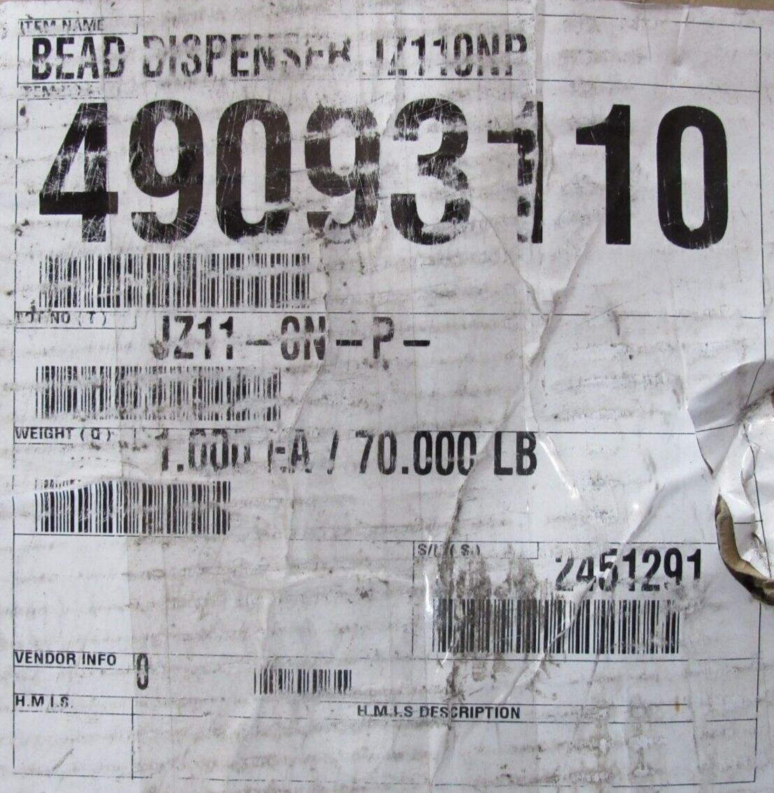 NEW HOUGHTON INTERNATIONAL JZ11-0N-P BEAD DISPENCER 49093110 JZ110NP ...