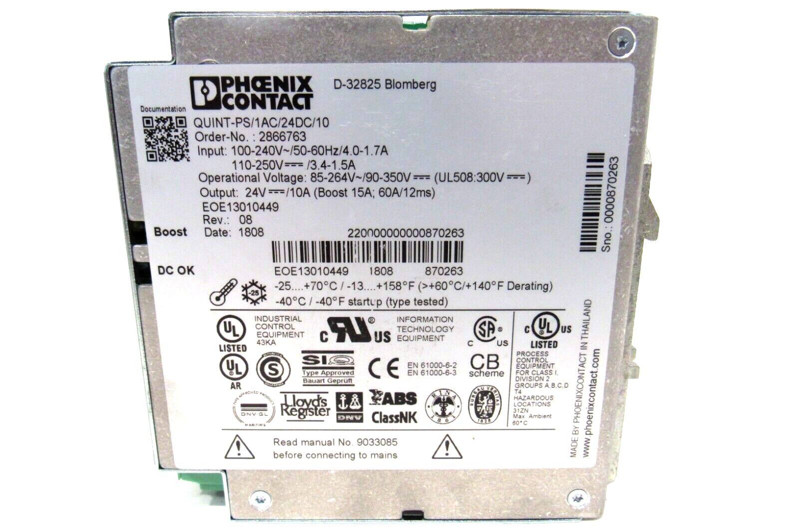 NEW PHOENIX CONTACT QUINT-PS/1AC/24DC/10 POWER SUPPLY 2866763 ...