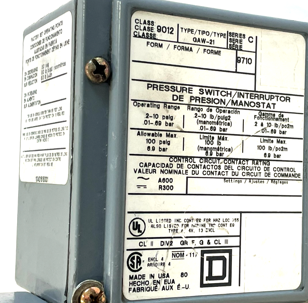 NEW SQUARE D 9012 GAW-21 PRESSURE SWITCH 9012GAW21 - SB Industrial ...