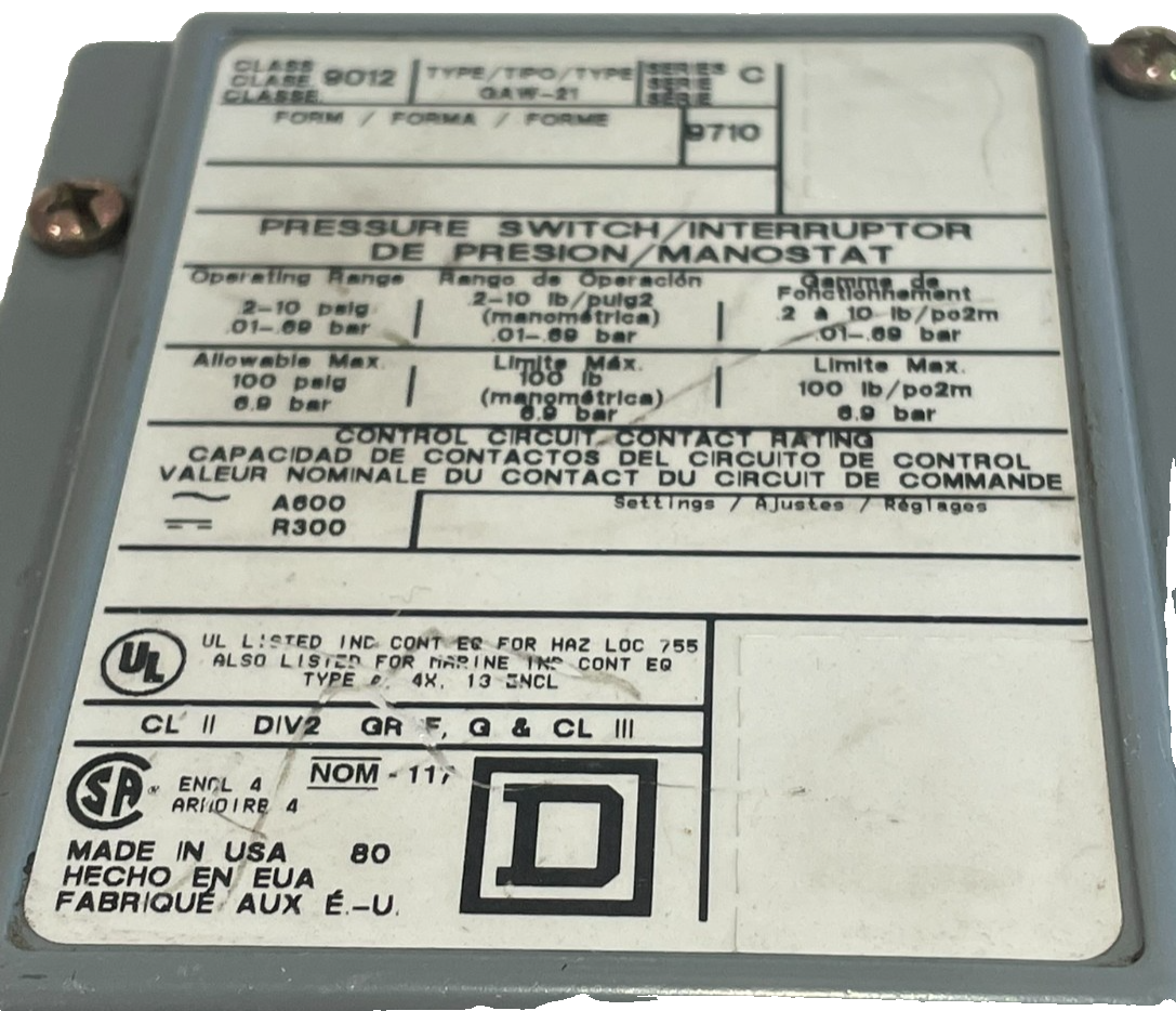 NEW SQUARE D 9012 GAW-21 PRESSURE SWITCH 9012GAW21 - SB Industrial ...