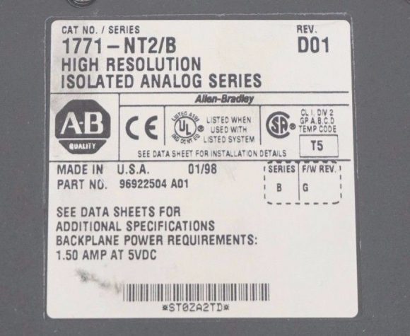 USED ALLEN BRADLEY 1771-NT2 ANALOG MODULE SER. B, REV. D01, F/W: G ...