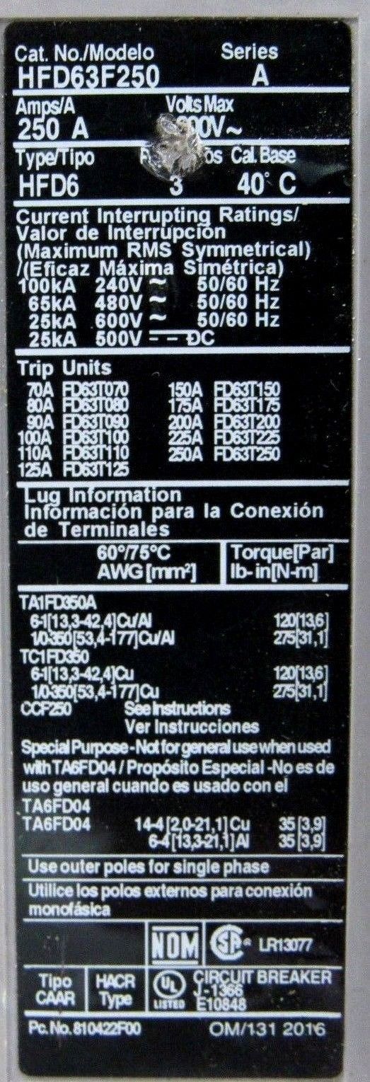 USED SIEMENS HFD63F250 CIRCUIT BREAKER 250A 600V - SB Industrial Supply ...