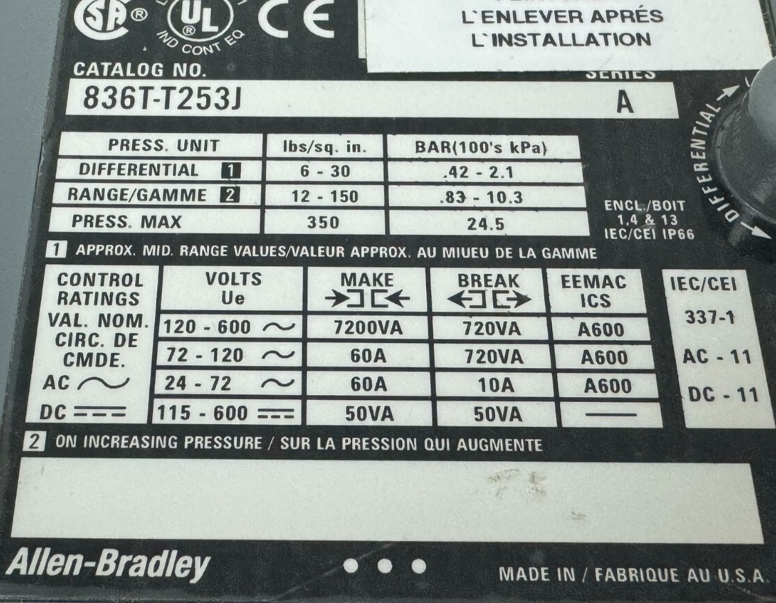 ALLEN BRADLEY 836T-T253J PRESSURE SWITCH SER. A PRE-OWNED UNUSED ...