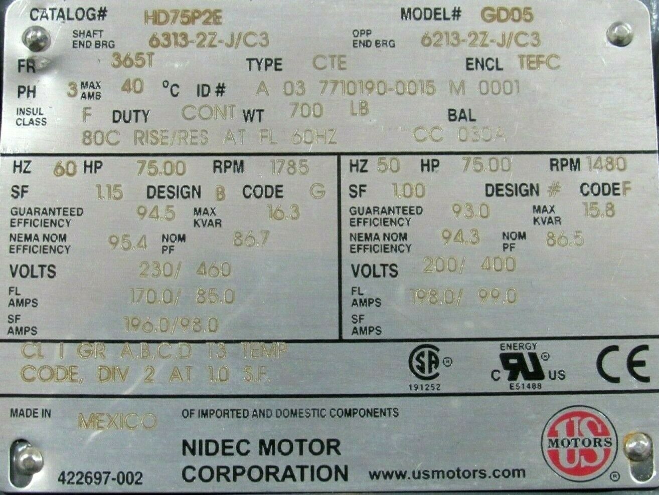 NEW NIDEC US MOTORS HD75P2E MOTOR 75HP 1785RPM 365T 2-3/8" DIA. GD05 ...