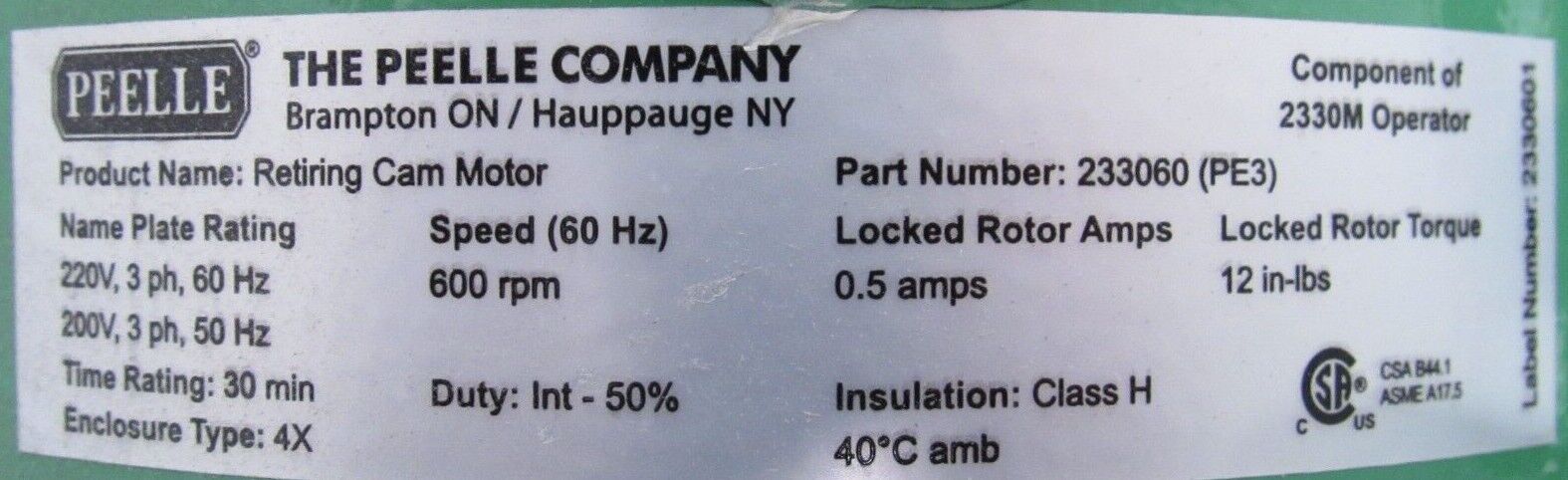 NEW PEELLE 233060 RETIRING CAM MOTOR 220V 600RPM - SB Industrial Supply ...