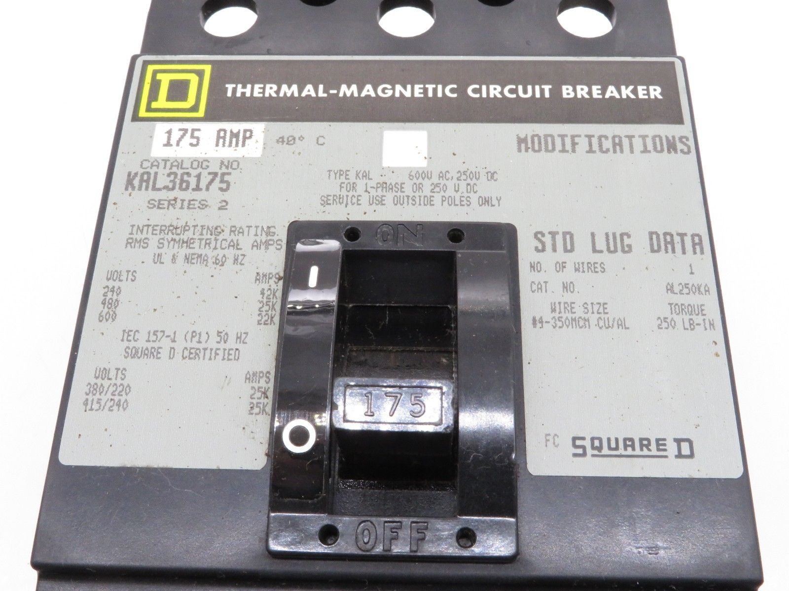 NEW SQUARE D KAL36175 THERMAL MAGNETIC CIRCUIT BREAKER 175 AMP 3 POLE ...