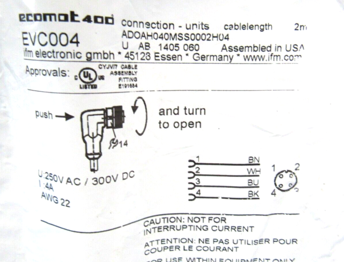 LOT OF 4 NEW IFM EFECTOR ADOAH040MSS0002H04 CABLES EVC004 - SB ...