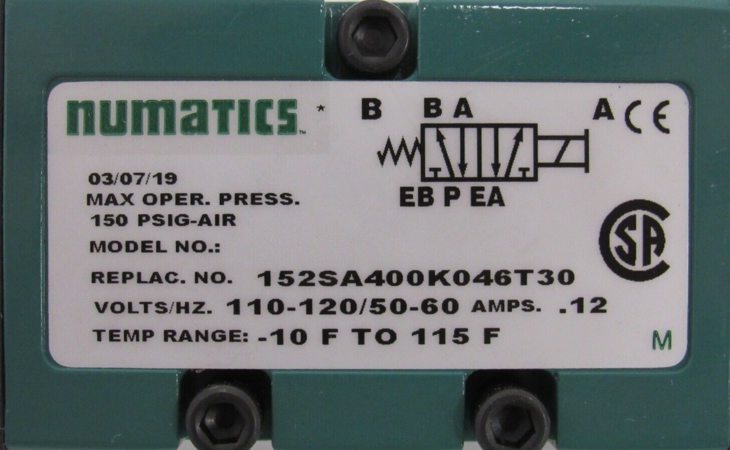 NEW NUMATICS 152SA400K046T30 SOLENOID VALVE - SB Industrial Supply, Inc.
