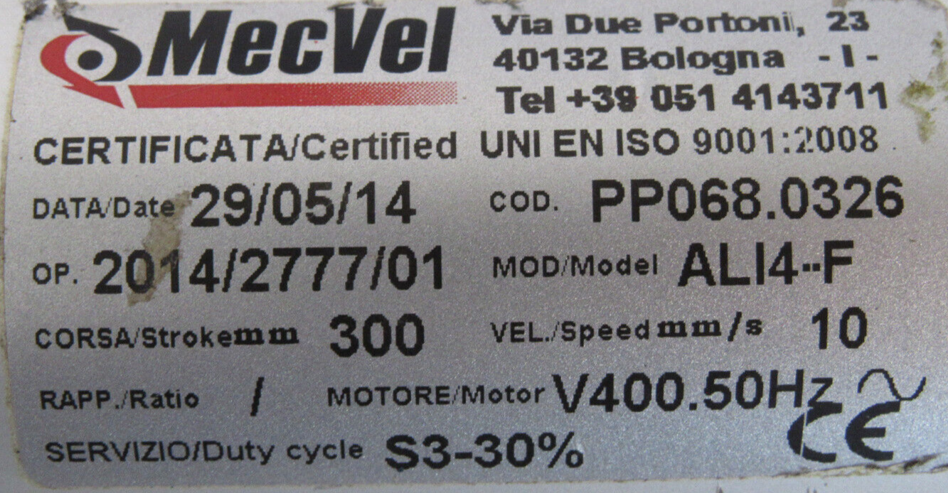 USED MECVEL ALI4-F LINEAR ACTUATOR .3HP 208/480V ALI4F AT63B4 - SB ...