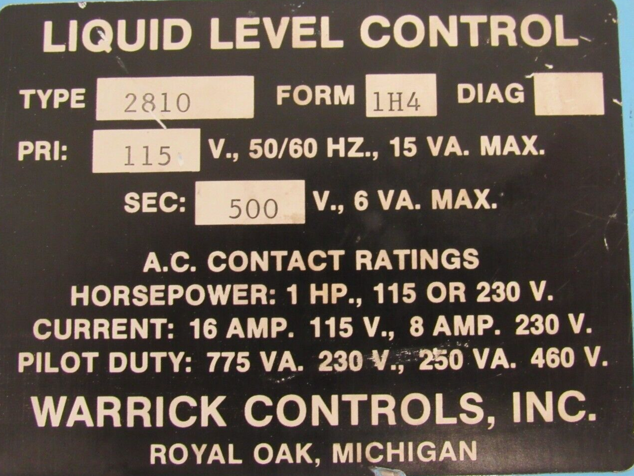 USED WARRICK CONTROLS 2810-1H4 LIQUID LEVEL CONTROL 28101H4 - SB ...
