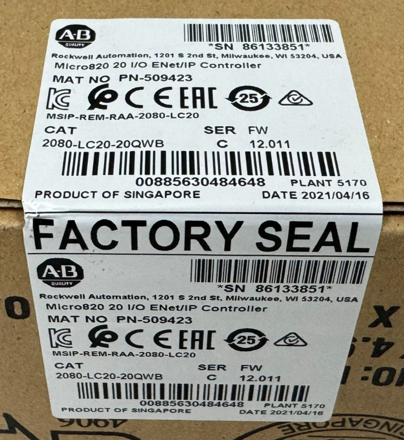 ALLEN BRADLEY 2080-LC20-20QWB MICRO820 ENET/IP CONTROLLER SER. C ...