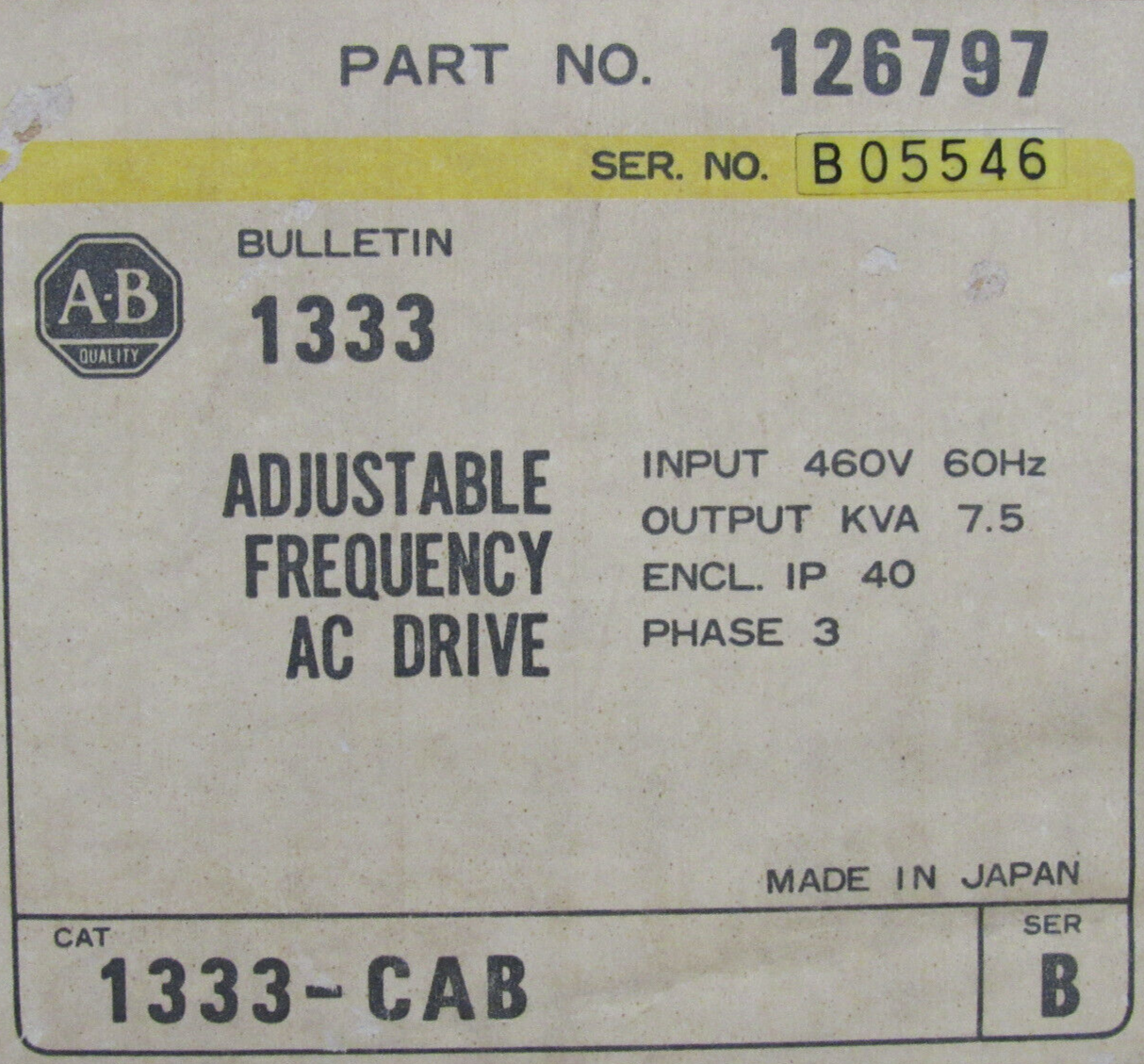 NEW ALLEN BRADLEY 1333-CAB ADJUSTABLE FREQUENCY DRIVE SER.B 460V 126797 ...