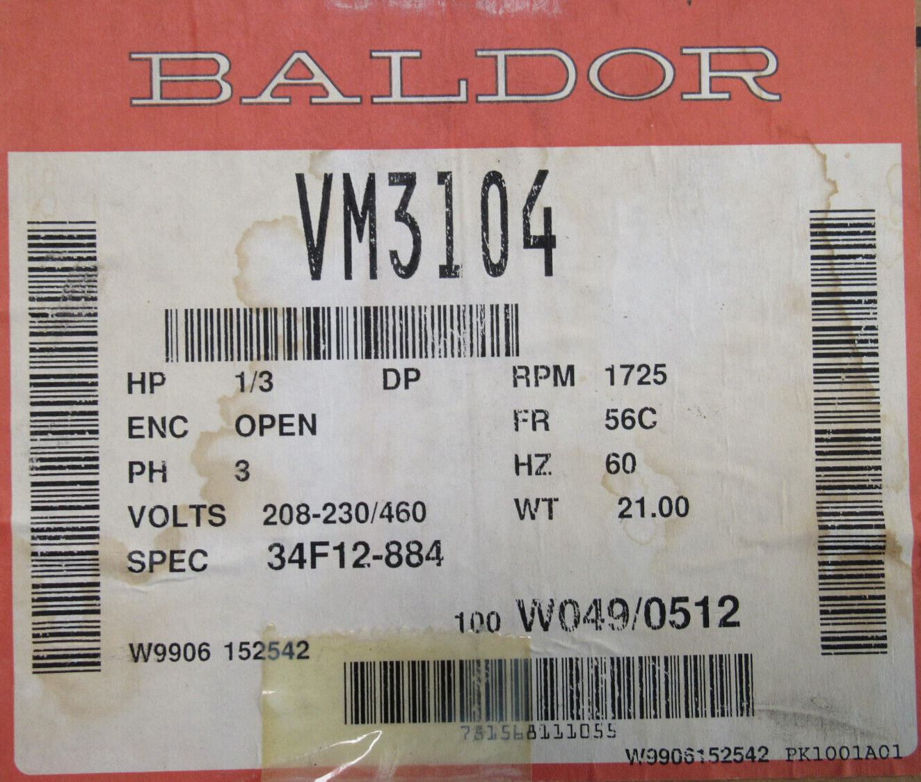 NEW BALDOR VM3104 MOTOR 1/3HP 1725RPM 208-230/460V 56C - SB Industrial ...
