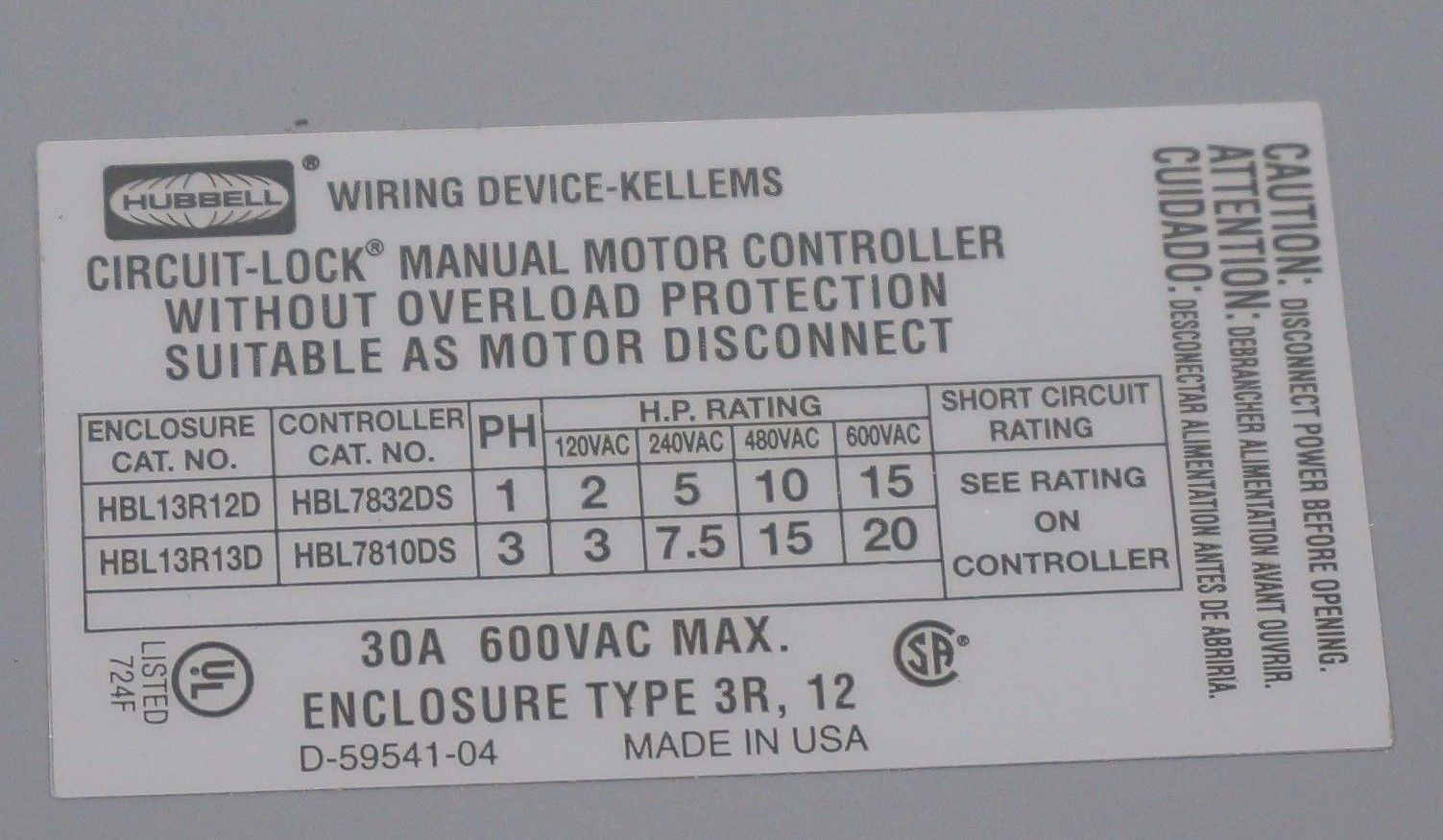NEW HUBBELL HBL13R13D MOTOR DISCONNECT SWITCH 30A, 600VAC - SB ...