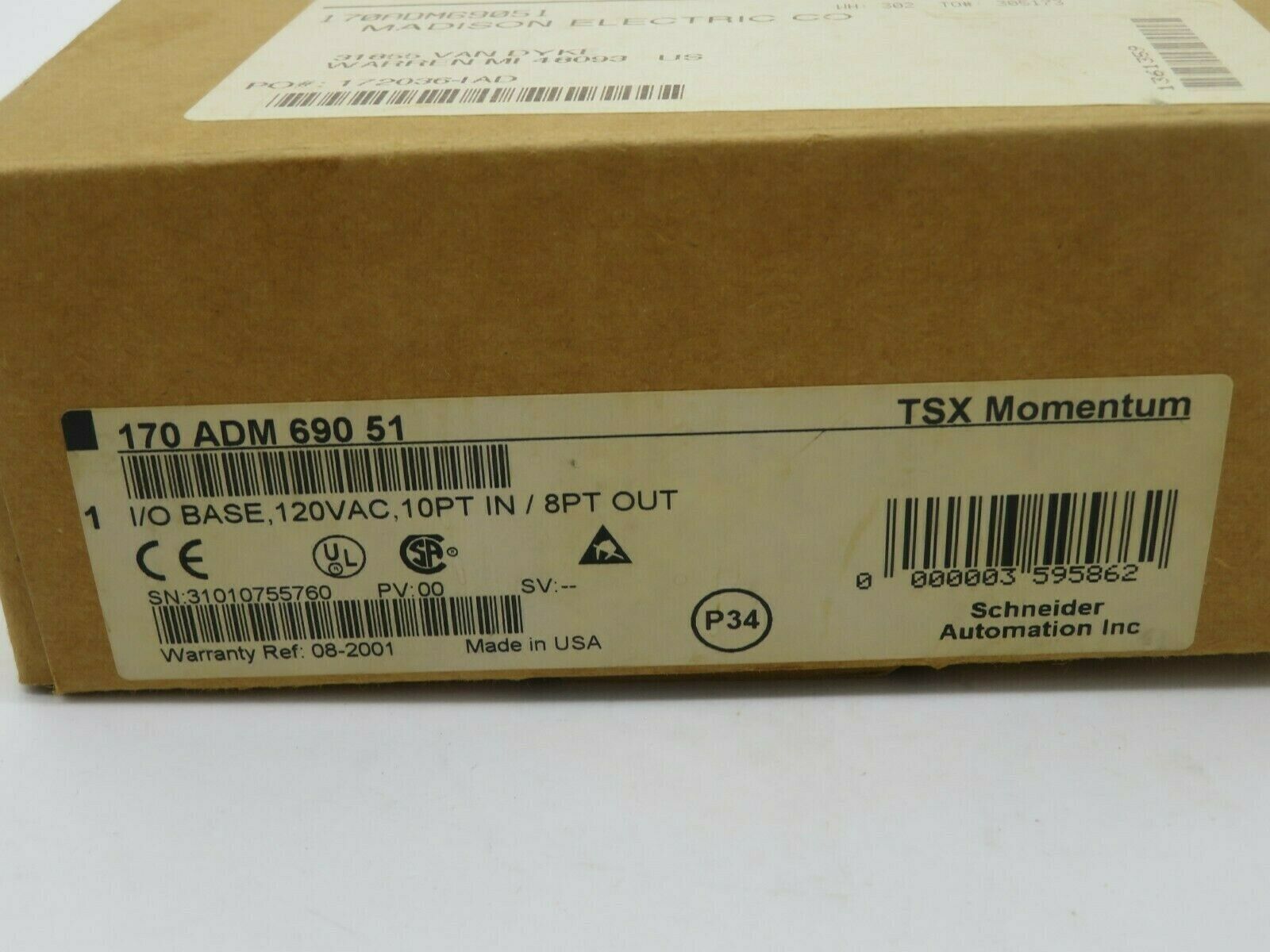NEW SCHNEIDER ELECTRIC 170ADM69051 I/O BASE MODULE TSX MOMENTUM 120VAC ...