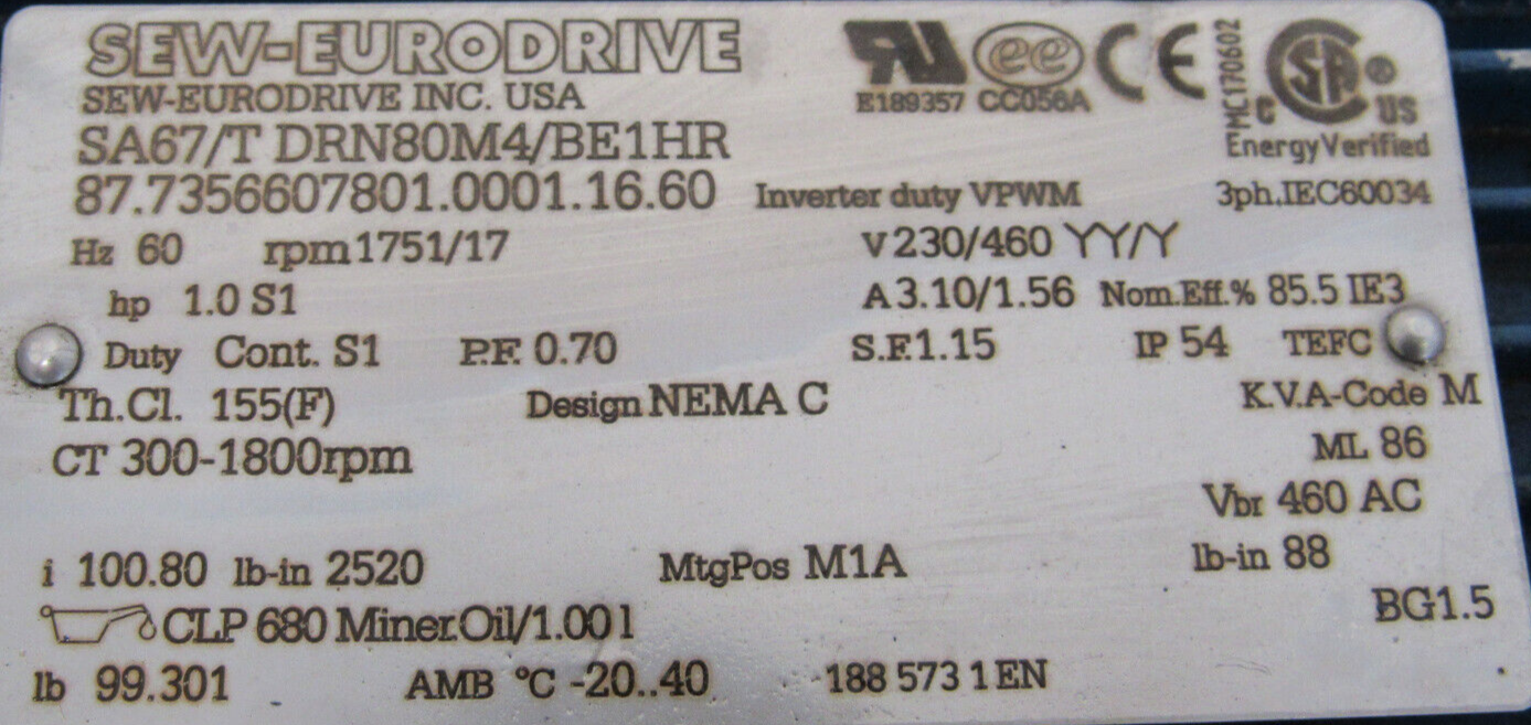 NEW SEW EURODRIVE SA67/T DRN80M4/BE1HR GEARMOTOR 230/460V 100.80 - SB ...