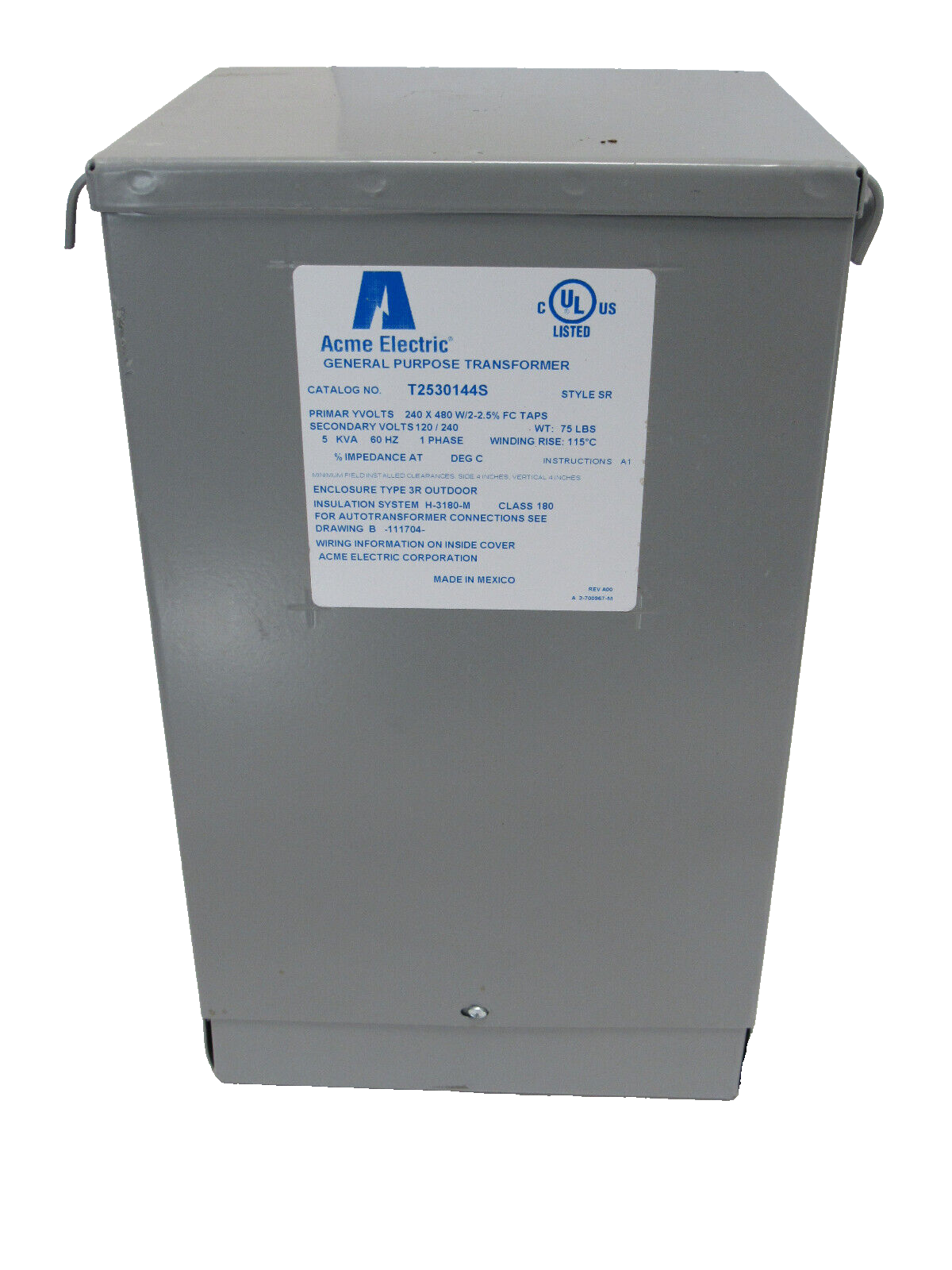 NEW ACME T2530144S TRANSFORMER 5KVA 240 X 480 PRI VOLTS 120/240 SEC ...
