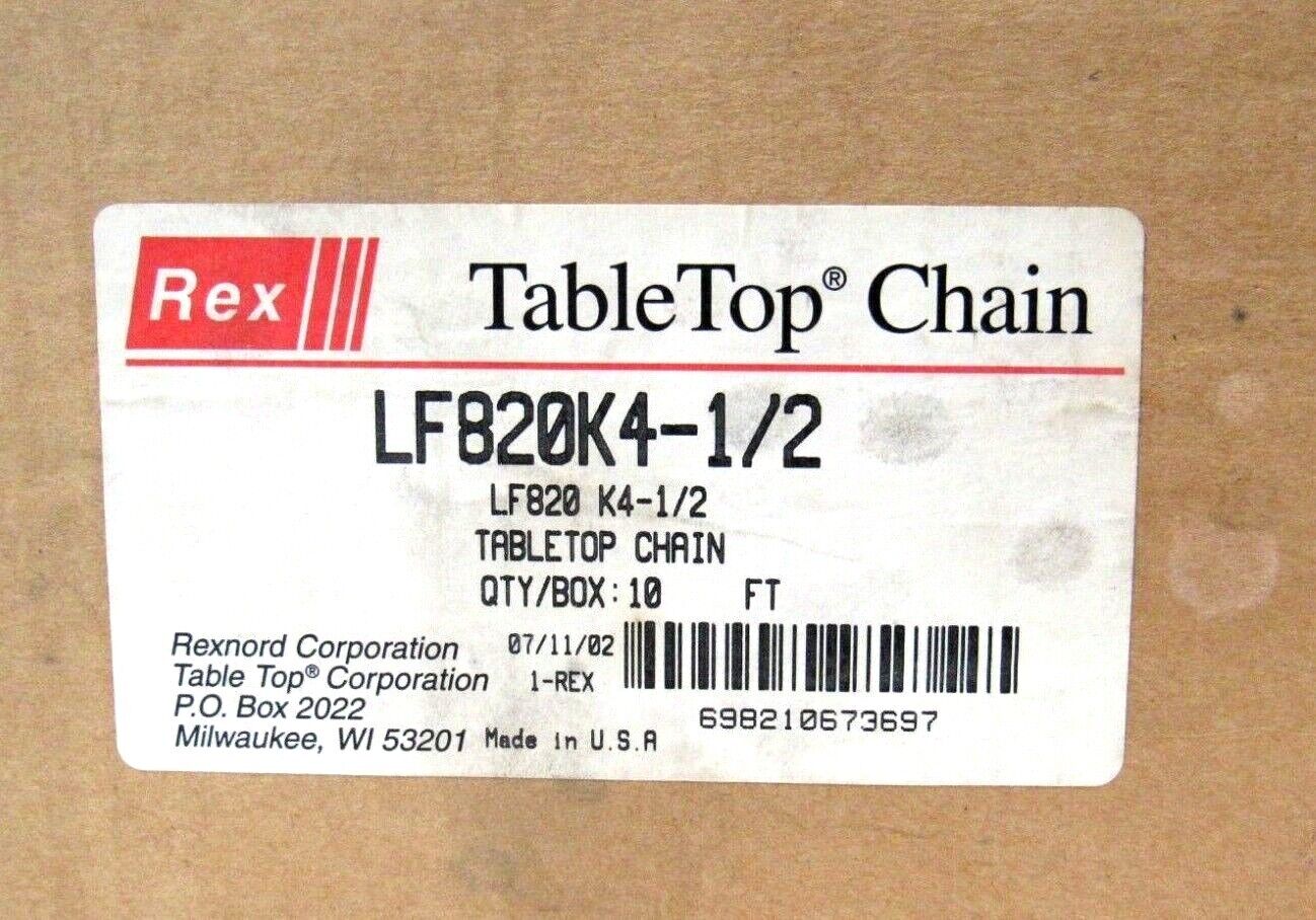 NEW REXNORD LF820K4-1/2 TABLE TOP CHAIN 10' LF820K412 - SB Industrial ...